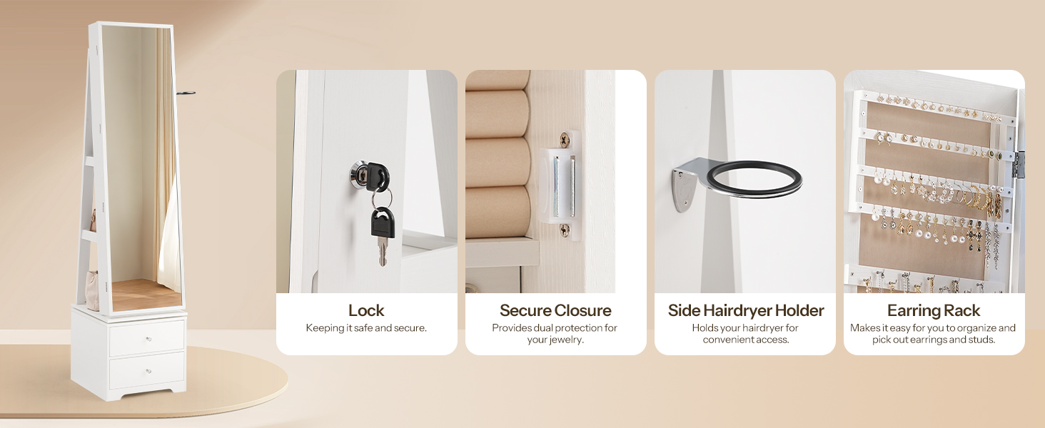 360° Swivel Jewelry Cabinet with LED Lights, Standing Jewelry Armoire ...