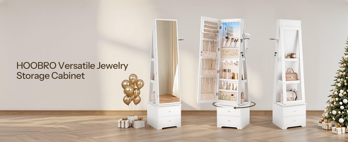 360° Swivel Jewelry Cabinet with LED Lights, Standing Jewelry Armoire ...